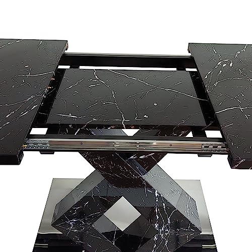 Pvillez Marble Expandable Dining Table, Modern Marble Dining Table for 4-6 People, Extendable Dining Room Table with Black Marble Top & Crossed Pedestal Base, Rectangle Ktchen Table for Dining Room