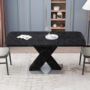 Pvillez Marble Expandable Dining Table, Modern Marble Dining Table for 4-6 People, Extendable Dining Room Table with Black Marble Top & Crossed Pedestal Base, Rectangle Ktchen Table for Dining Room