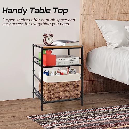 GIOTORENT 3-Tier Small End Table, Tall Nightstand with Adjustable Shelf, Narrow Side Table with Sturdy Diamond Grid, Bedside Table for Living Room, Bedroom, Office, Bathroom, Rustic Brown and Black