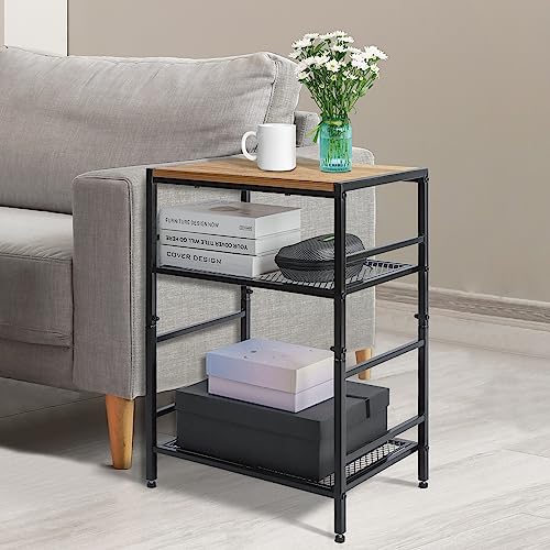 GIOTORENT 3-Tier Small End Table, Tall Nightstand with Adjustable Shelf, Narrow Side Table with Sturdy Diamond Grid, Bedside Table for Living Room, Bedroom, Office, Bathroom, Rustic Brown and Black