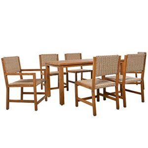 BIADNBZ 7 Pieces Outdoor Furnture Rattan Patio Dining Set with Acacia Wood Table Top and Chairs for 6 Person, for Garden Backyard Lawn, Natural