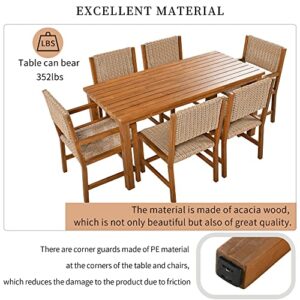 BIADNBZ 7 Pieces Outdoor Furnture Rattan Patio Dining Set with Acacia Wood Table Top and Chairs for 6 Person, for Garden Backyard Lawn, Natural