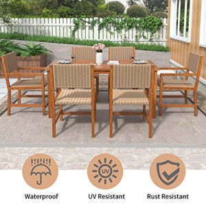 BIADNBZ 7 Pieces Outdoor Furnture Rattan Patio Dining Set with Acacia Wood Table Top and Chairs for 6 Person, for Garden Backyard Lawn, Natural