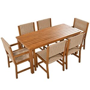 BIADNBZ 7 Pieces Outdoor Furnture Rattan Patio Dining Set with Acacia Wood Table Top and Chairs for 6 Person, for Garden Backyard Lawn, Natural