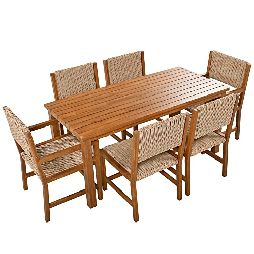 BIADNBZ 7 Pieces Outdoor Furnture Rattan Patio Dining Set with Acacia Wood Table Top and Chairs for 6 Person, for Garden Backyard Lawn, Natural