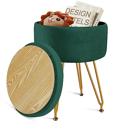 ECOMEX Velvet Round Ottoman with Storage, Golden Metal Legs, Coffee Table Tray Cover Footstool Makeup Vanity Stool Modern Furniture for Living Room Bedroom, Green