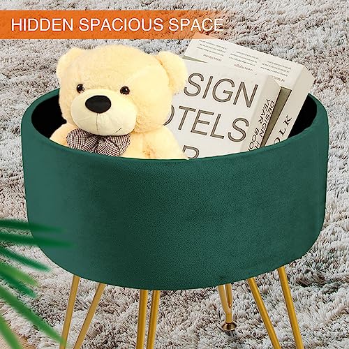 ECOMEX Velvet Round Ottoman with Storage, Golden Metal Legs, Coffee Table Tray Cover Footstool Makeup Vanity Stool Modern Furniture for Living Room Bedroom, Green