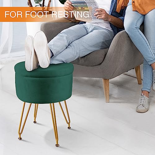 ECOMEX Velvet Round Ottoman with Storage, Golden Metal Legs, Coffee Table Tray Cover Footstool Makeup Vanity Stool Modern Furniture for Living Room Bedroom, Green