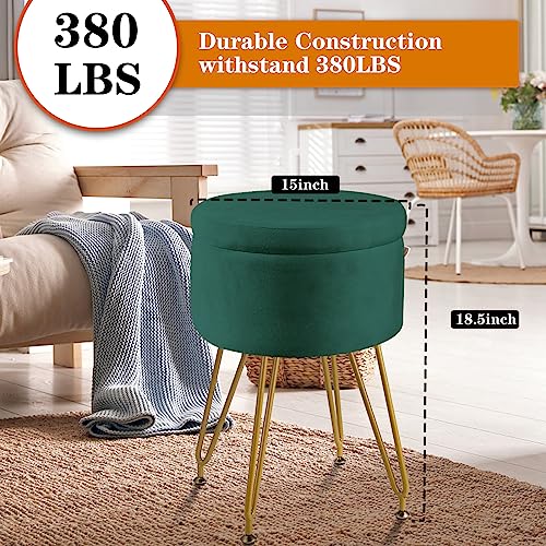 ECOMEX Velvet Round Ottoman with Storage, Golden Metal Legs, Coffee Table Tray Cover Footstool Makeup Vanity Stool Modern Furniture for Living Room Bedroom, Green