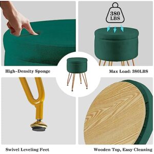 ECOMEX Velvet Round Ottoman with Storage, Golden Metal Legs, Coffee Table Tray Cover Footstool Makeup Vanity Stool Modern Furniture for Living Room Bedroom, Green