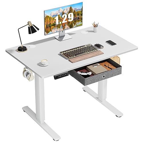 Electric Standing Desk with Drawer 40 x 24 Inch Stand up Desk with Storage Height Adjustable Desk Sit Stand Desk White Frame/White Top Ergonomic Rising Desk Computer Workstation for Office