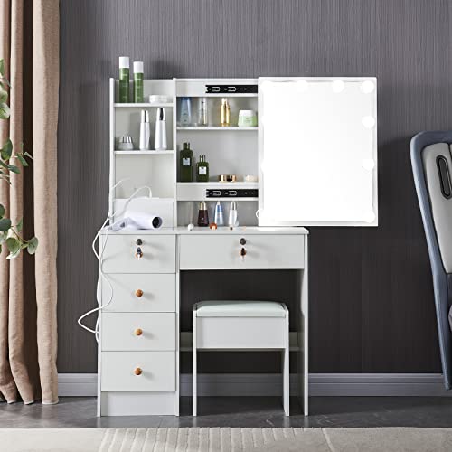 Dradaomull Makeup Vanity Dresser with Sliding Mirror and Lights, White Dressing Table with Charging Station and Chair, 3 Lighting Modes Makeup Table for Women Girls