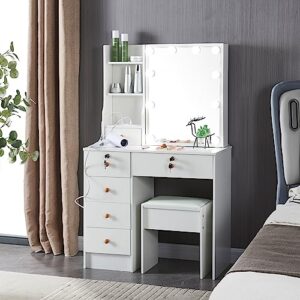 Dradaomull Makeup Vanity Dresser with Sliding Mirror and Lights, White Dressing Table with Charging Station and Chair, 3 Lighting Modes Makeup Table for Women Girls