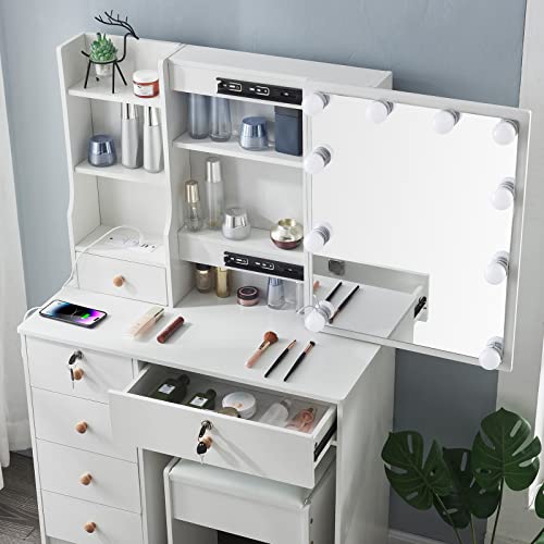 Dradaomull Makeup Vanity Dresser with Sliding Mirror and Lights, White Dressing Table with Charging Station and Chair, 3 Lighting Modes Makeup Table for Women Girls