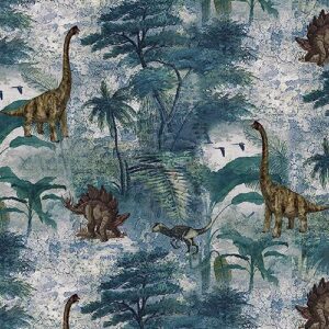 dinosaur in the forest design 100% cotton quilting fabric by the yard (blue, verdant, brown, camel)