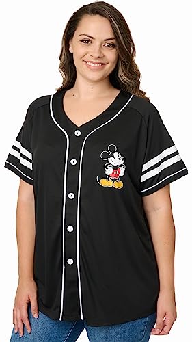 Disney Mickey Mouse 28 Womans Jersey Shirt Button (Black, XX-Large)