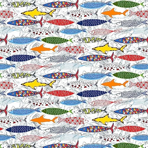 Abstract Guppies Design 100% Cotton Quilting Fabric by The Yard (Blue, Red, Yellow, Orange)