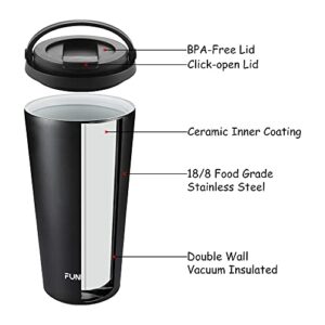 Funkrin Insulated Coffee Mug with Ceramic Coating, 16oz Iced Coffee Tumbler Cup with Flip Lid and Handle, Double Wall Vacuum Leak-Proof Thermos Mug for Travel Office School Party Camping