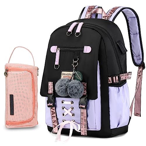 Bevalsa School Backpack for Girls, Girls Backpack with Pen Bag, Bookbag for Girls Kids Middle High School Student Schoolbag (Purple Set)