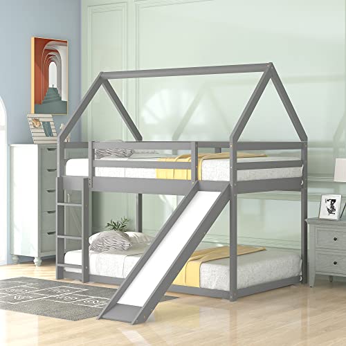 Merax Twin Size House Bunk Bed with Slide and Ladder, Twin Over Twin Wooden Bed Frame with Roof, Wood Bunk Bed for Teens, Boys, and Girls, Grey