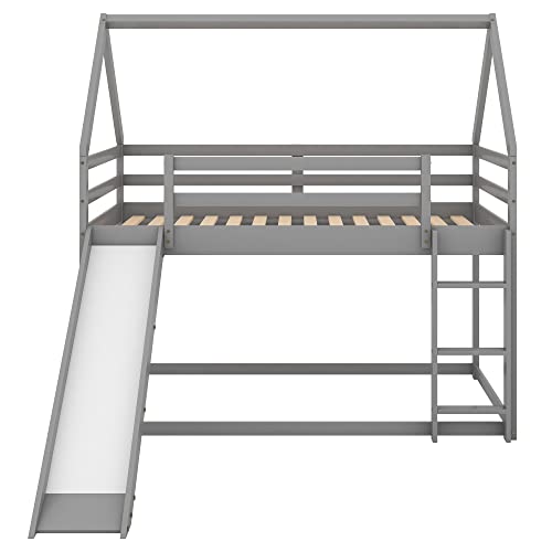 Merax Twin Size House Bunk Bed with Slide and Ladder, Twin Over Twin Wooden Bed Frame with Roof, Wood Bunk Bed for Teens, Boys, and Girls, Grey