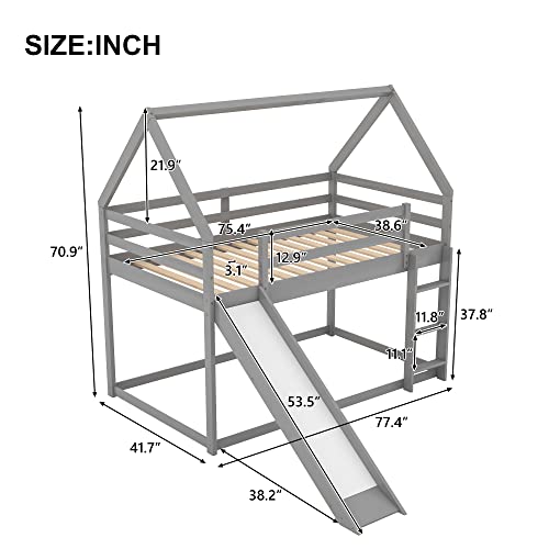 Merax Twin Size House Bunk Bed with Slide and Ladder, Twin Over Twin Wooden Bed Frame with Roof, Wood Bunk Bed for Teens, Boys, and Girls, Grey