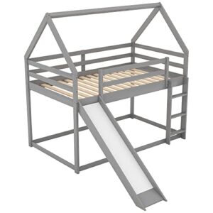 Merax Twin Size House Bunk Bed with Slide and Ladder, Twin Over Twin Wooden Bed Frame with Roof, Wood Bunk Bed for Teens, Boys, and Girls, Grey