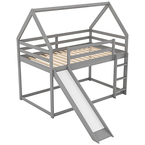 Merax Twin Size House Bunk Bed with Slide and Ladder, Twin Over Twin Wooden Bed Frame with Roof, Wood Bunk Bed for Teens, Boys, and Girls, Grey