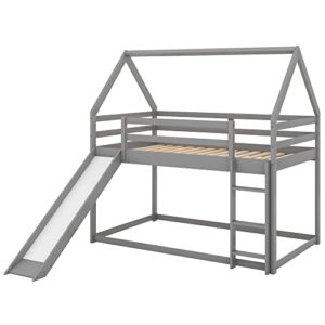 Merax Twin Size House Bunk Bed with Slide and Ladder, Twin Over Twin Wooden Bed Frame with Roof, Wood Bunk Bed for Teens, Boys, and Girls, Grey