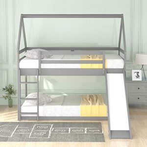 Merax Twin Size House Bunk Bed with Slide and Ladder, Twin Over Twin Wooden Bed Frame with Roof, Wood Bunk Bed for Teens, Boys, and Girls, Grey