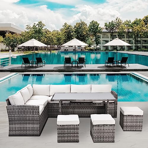 Koruiten Outdoor Patio Furniture Sets, 7 Pieces Outdoor Sectional Couch Sofa with Dining Table and Chair, All Weather PE Wicker Rattan with Ottoman for Pool, Garden, Backyard, Beige