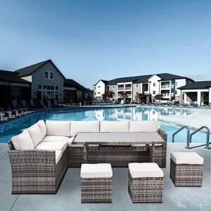 Koruiten Outdoor Patio Furniture Sets, 7 Pieces Outdoor Sectional Couch Sofa with Dining Table and Chair, All Weather PE Wicker Rattan with Ottoman for Pool, Garden, Backyard, Beige