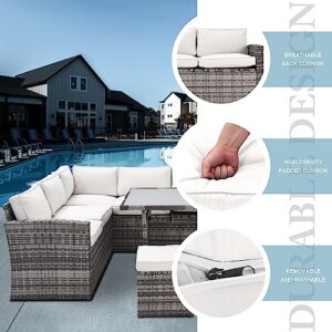 Koruiten Outdoor Patio Furniture Sets, 7 Pieces Outdoor Sectional Couch Sofa with Dining Table and Chair, All Weather PE Wicker Rattan with Ottoman for Pool, Garden, Backyard, Beige