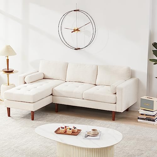 Tbfit 80"W Sectional Sofa Couch, L Shaped Couch with Reversible Chaise, Mid Century Modern Linen Fabric Couches for Living Room Apartment Small Space, Convertible Sofa with Tufted Seat Cushion, Beige