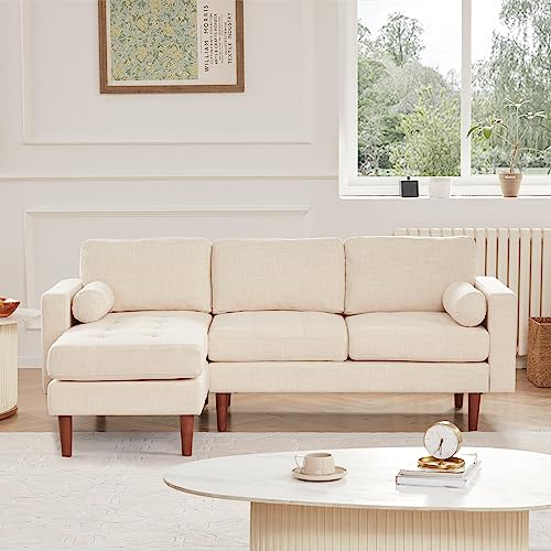 Tbfit 80"W Sectional Sofa Couch, L Shaped Couch with Reversible Chaise, Mid Century Modern Linen Fabric Couches for Living Room Apartment Small Space, Convertible Sofa with Tufted Seat Cushion, Beige