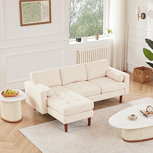 Tbfit 80"W Sectional Sofa Couch, L Shaped Couch with Reversible Chaise, Mid Century Modern Linen Fabric Couches for Living Room Apartment Small Space, Convertible Sofa with Tufted Seat Cushion, Beige