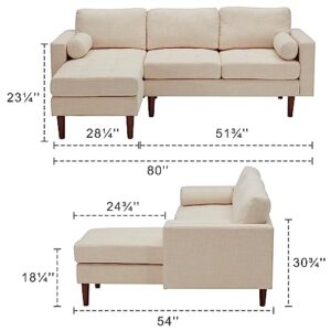 Tbfit 80"W Sectional Sofa Couch, L Shaped Couch with Reversible Chaise, Mid Century Modern Linen Fabric Couches for Living Room Apartment Small Space, Convertible Sofa with Tufted Seat Cushion, Beige