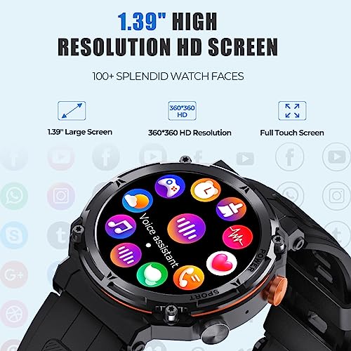 Military Smart Watches for Men, VIRAN 5ATM Waterproof Rugged Smart Watch with Bluetooth Call (Answer/Dial Call), 1.39” HD IP68 Fitness Tracker Watch with 100+ Sport Modes for Android/iOS Phone