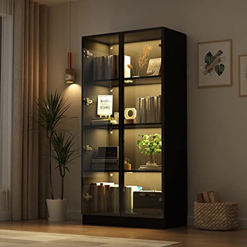 FAMAPY Display Cabinet with Glass Doors and Lights, Glass Display Cabinet with 4-Tier Storage Shelves, Pop-up Design, Trophy Cabinet Curio Cabinet Black (31.5”W x 15.7”D x 63”H)