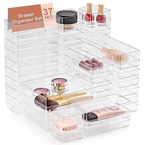 SMARTAKE 37-Piece Drawer Organizer with Non-Slip Silicone Pads, 4-Size Desk Drawer Organizer Trays Storage Tray for Makeup, Jewelries, Utensils in Bedroom Dresser, Office and Kitchen (Clear)