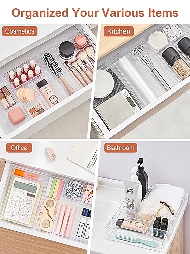 SMARTAKE 37-Piece Drawer Organizer with Non-Slip Silicone Pads, 4-Size Desk Drawer Organizer Trays Storage Tray for Makeup, Jewelries, Utensils in Bedroom Dresser, Office and Kitchen (Clear)