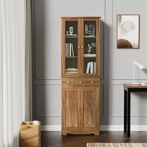 display cabinet with glass doors and adjustable shelves,3-tier home office bookshelf with storage drawers, freestanding storage cabinet for office bedroom dining living room（natural wood）