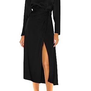 PRETTYGARDEN Women's 2023 Fall Satin Dress Long Sleeve Mock Neck Ruched Side Slit Elegant Silk Cocktail Party Maxi Dresses (Black,Large)