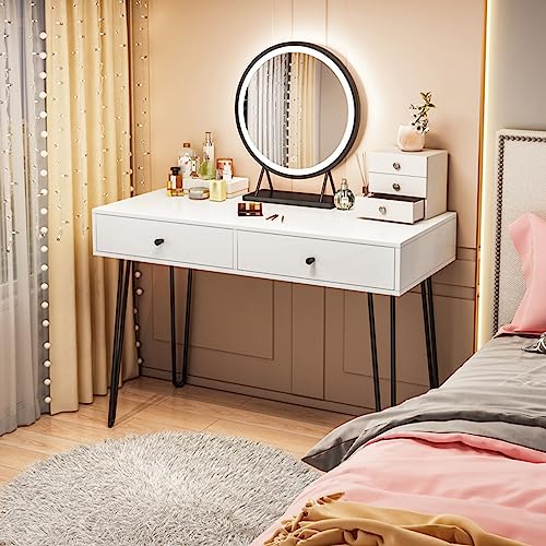 Vanity Desk Set with LED Lighted Mirror, Makeup Vanity Table with Drawers and Comfortable Chair, 3 Lighting Modes Brightness Adjustable for Bedroom, Bathroom