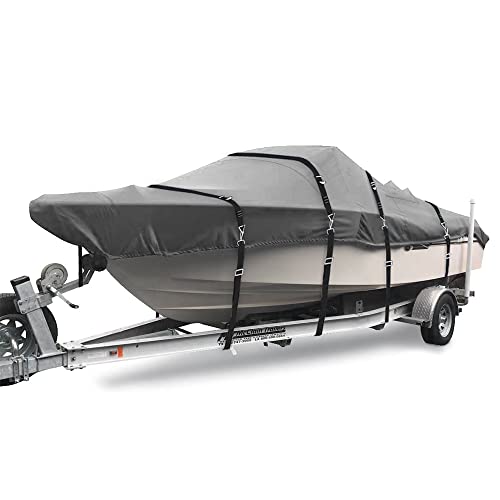 Zenicham 900D V-Hull Boat Cover - Trailerable Waterproof Boat Cover with Metal Buckle, Heavy Duty Boat Cover Fits V-Hull, Tri-Hull, Runabout, 17'-19' Long, Beam Width up to 96", Gray