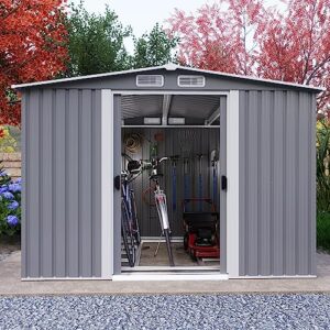 goohome 8x6 ft sheds & outdoor storage, sturdy metal galvanized steel garden storage shed w/lockable sliding doors, built-in-handles, 4 air vents, waterproof spacious utility tool storage bike shed