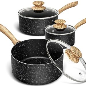 MICHELANGELO Saucepan Set, Nonstick Sauce Pans with Granite Coatings, Stone Sauce Pan with Lids, Nonstick Pot Sets, Sauce Pots 3 Piece, 1Qt & 2Qt & 3Qt