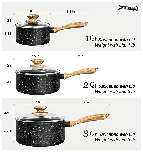 MICHELANGELO Saucepan Set, Nonstick Sauce Pans with Granite Coatings, Stone Sauce Pan with Lids, Nonstick Pot Sets, Sauce Pots 3 Piece, 1Qt & 2Qt & 3Qt