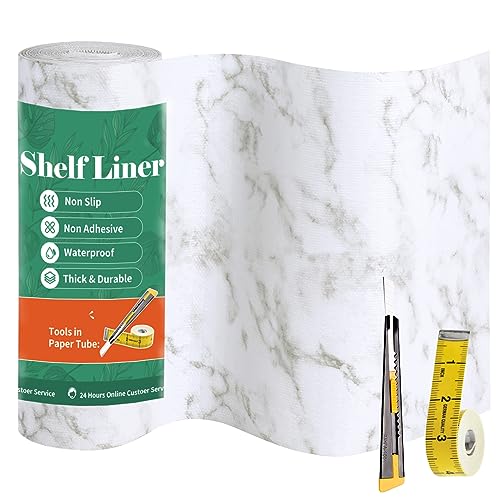 Drawer and Shelf Liner for Kitchen Cabinet: 17 in X 20 Ft Non Slip Waterproof Shelf Paper Non Adhesive Refrigerator Liners White Marble Easy Liners for Bathroom Cupboard with Knife Tape Measure