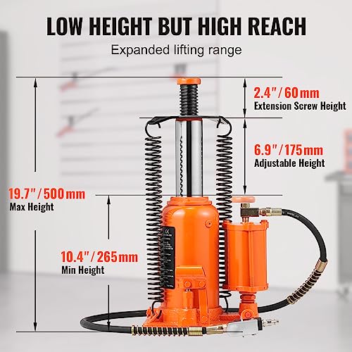 VEVOR Air Hydraulic Bottle Jack, 20 Ton/44,092 LBS All Welded Bottle Jack, 10.4-19.7 inch Lifting Range, Manual Handle and Air Pump, for Car, Pickup, Truck, RV, Auto Repair, Industrial Engineering